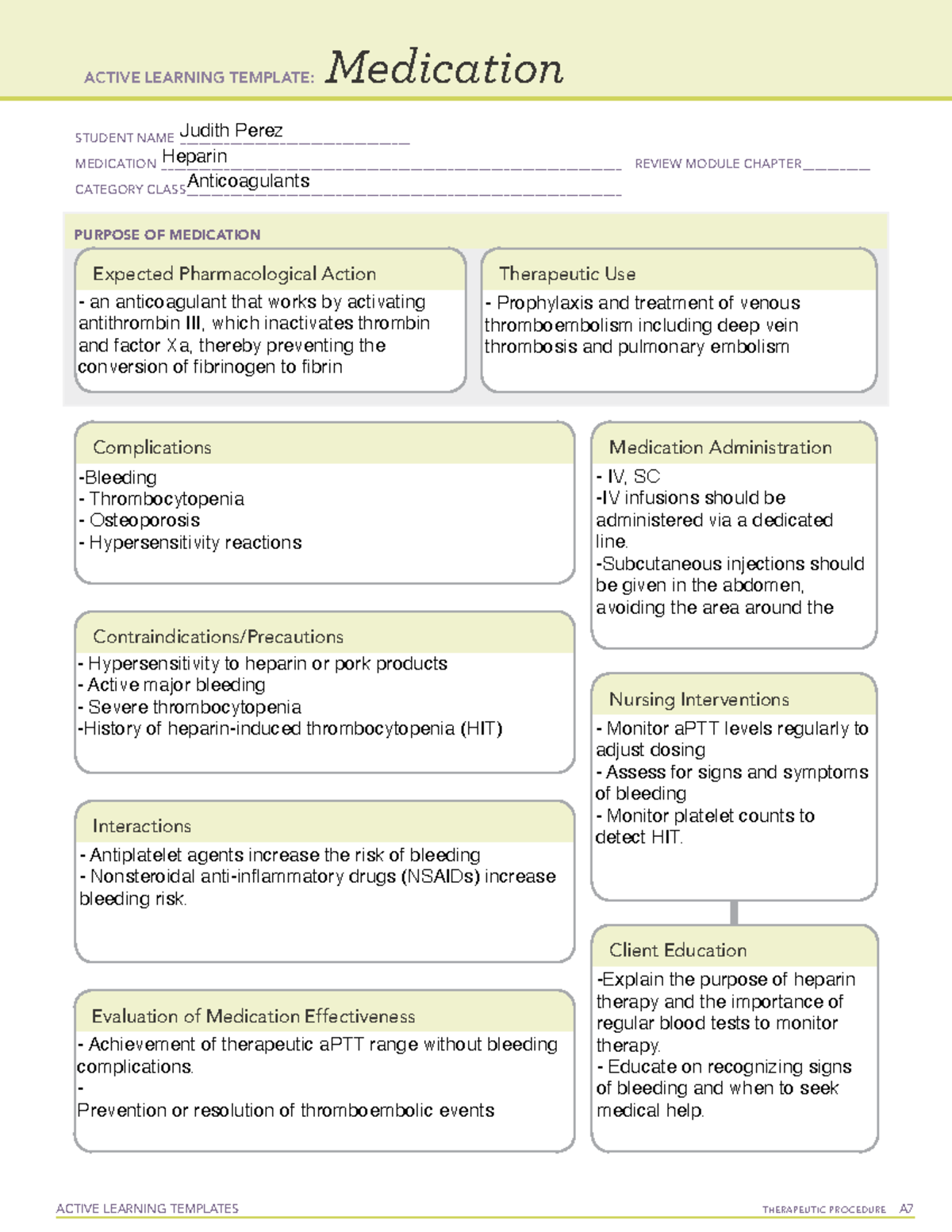 Heparin - med card - ACTIVE LEARNING TEMPLATES TherapeuTic procedure A ...