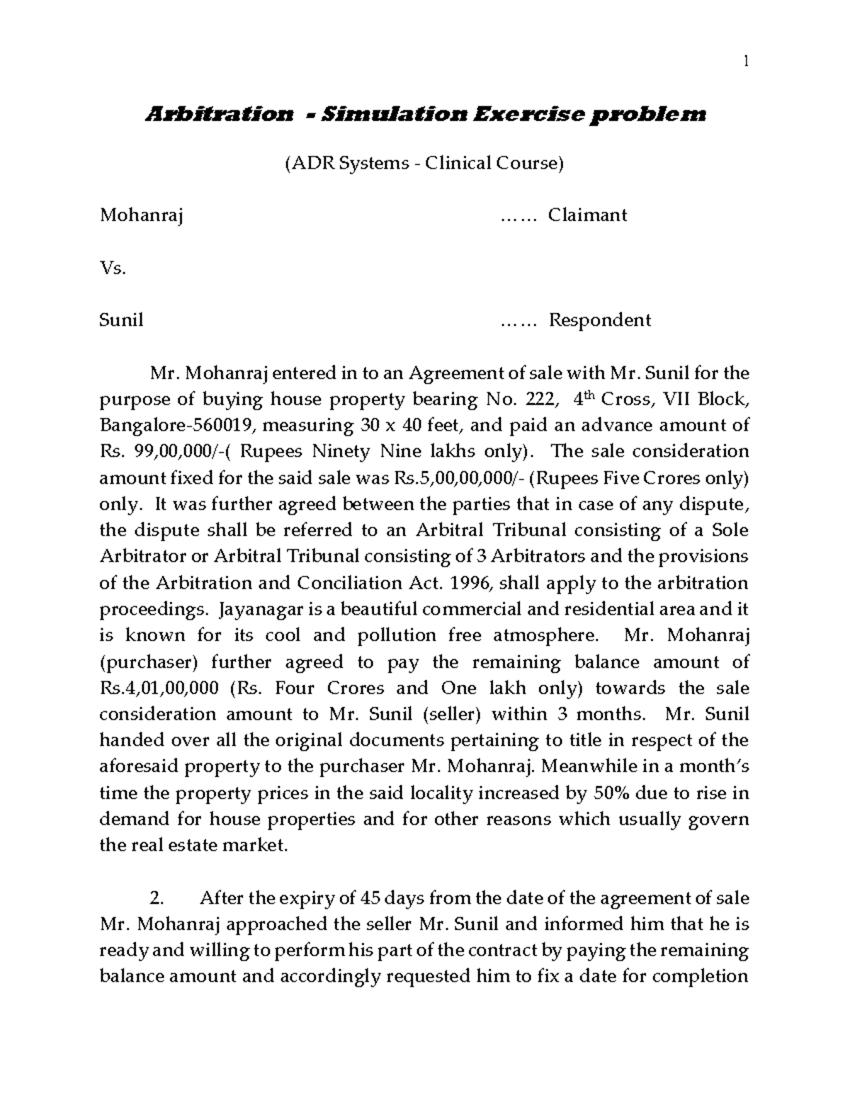 ADR - Arbitration Simulation Exercise Problem Overview - 12/5/2024 - Studocu