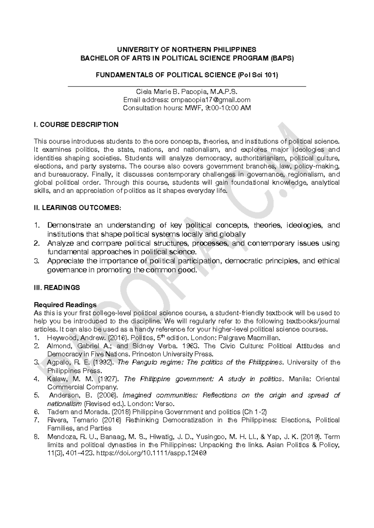 Pol Sci 101: Course Outline & Policies for Fundamentals of Political ...