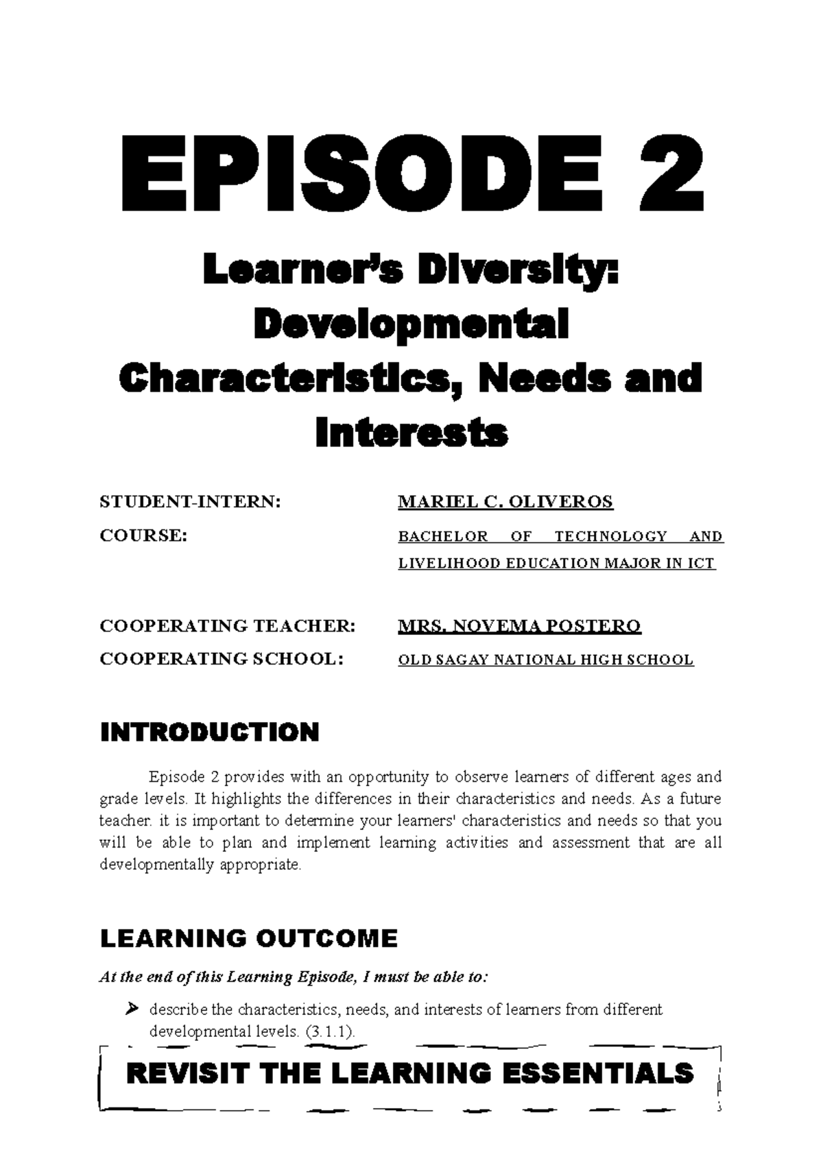 Field Study 1: Episode 2 - Understanding Learner Diversity in Development - Studocu