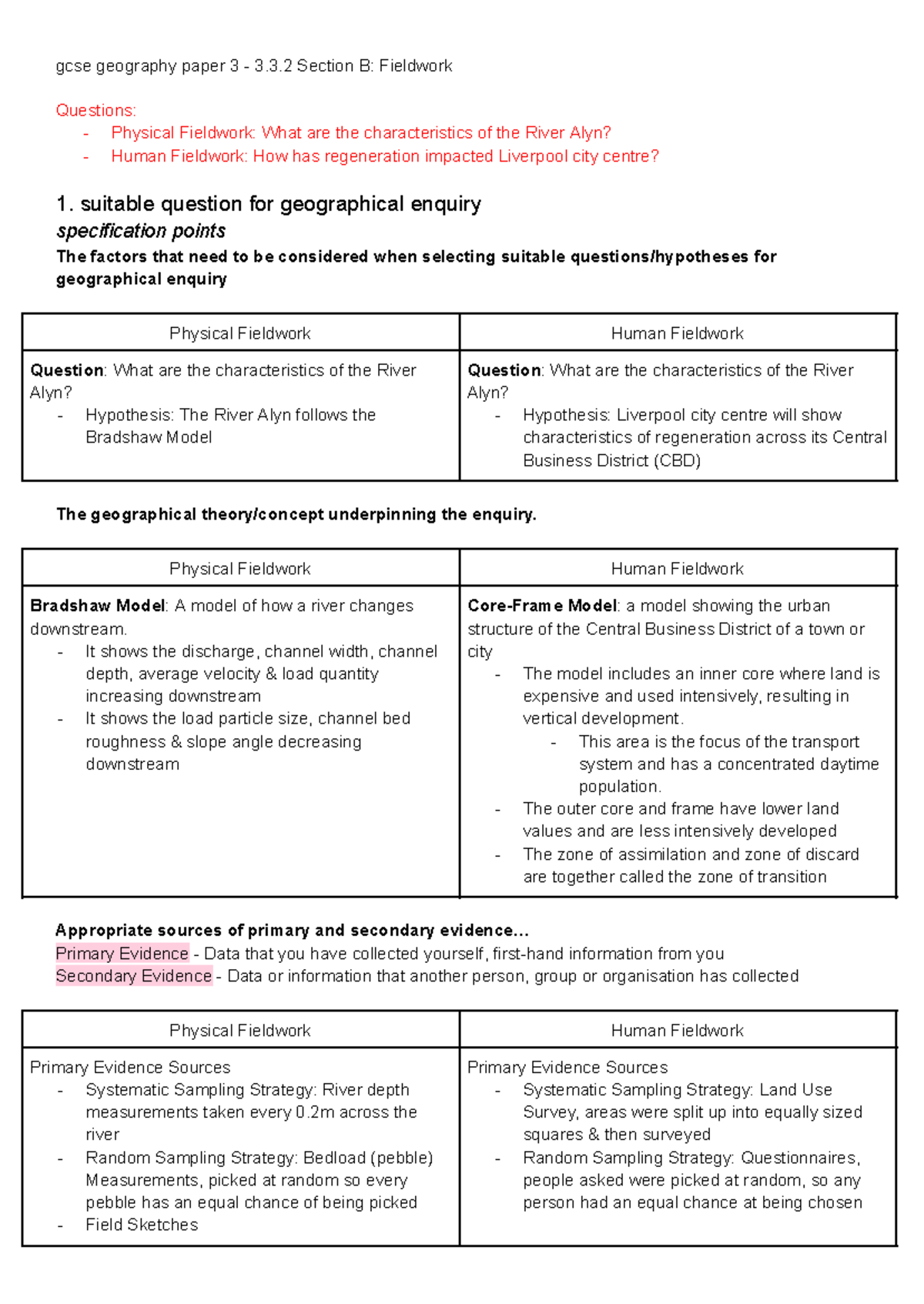 GCSE Geography Paper 3 Fieldwork Guide: River Alyn & Liverpool Analysis ...