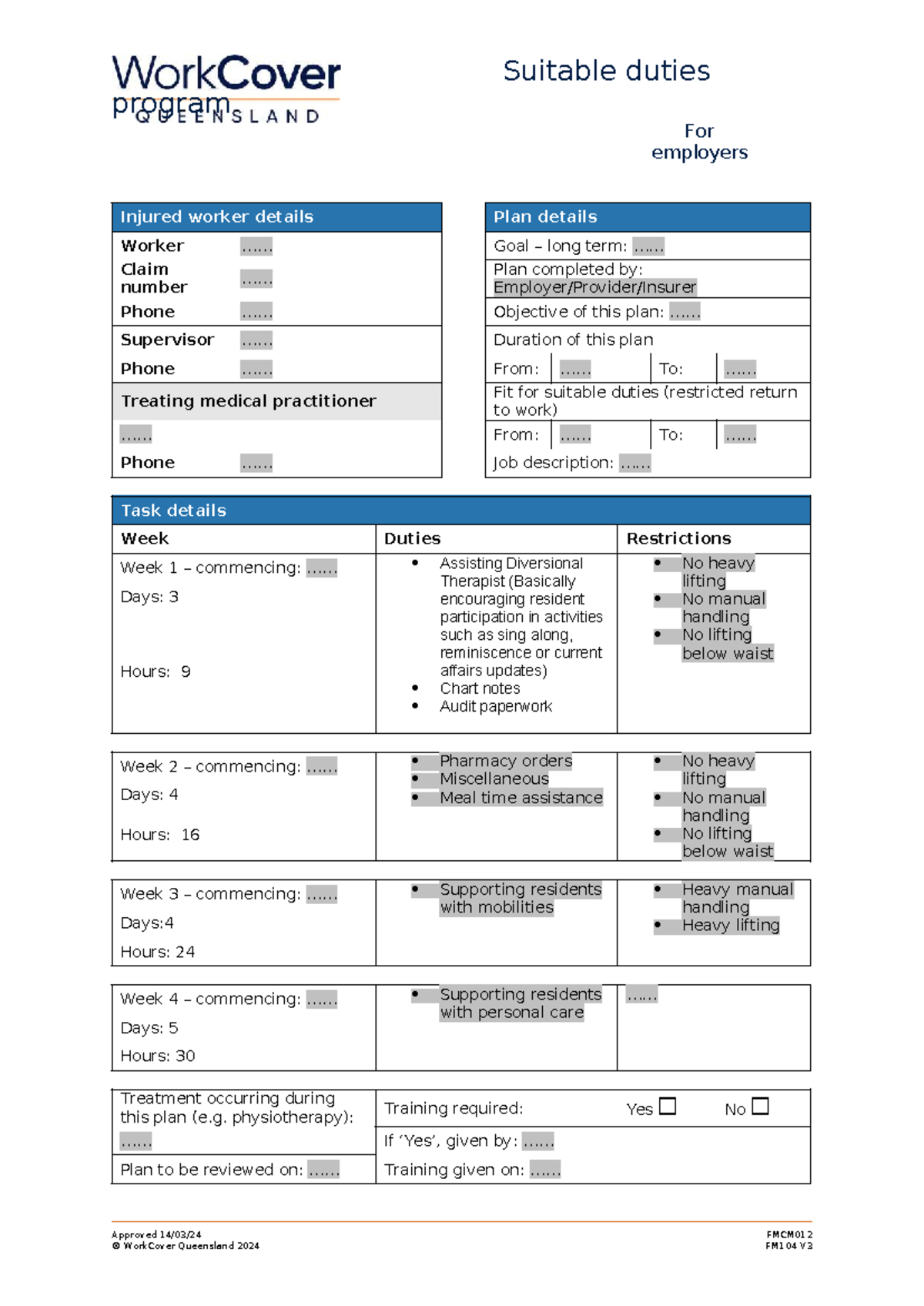 Suitable Duties Plan Template for Injured Workers - FM104 V - Studocu