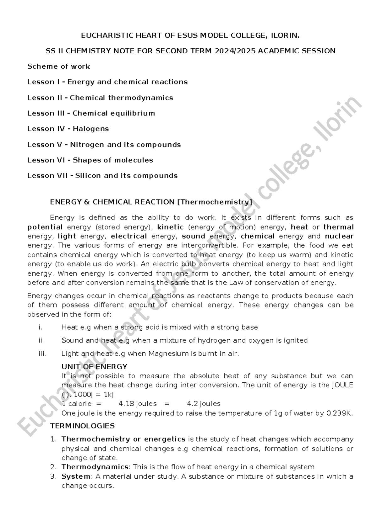 Chemistry SS2 2nd Term E-Notes: Energy & Chemical Reactions - Studocu