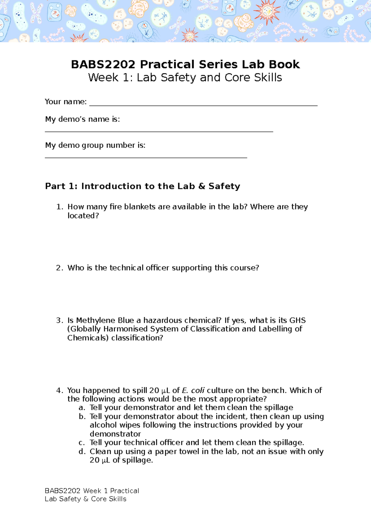 BABS2202 Week 1 Practical Lab Safety & Core Skills Notes - Studocu