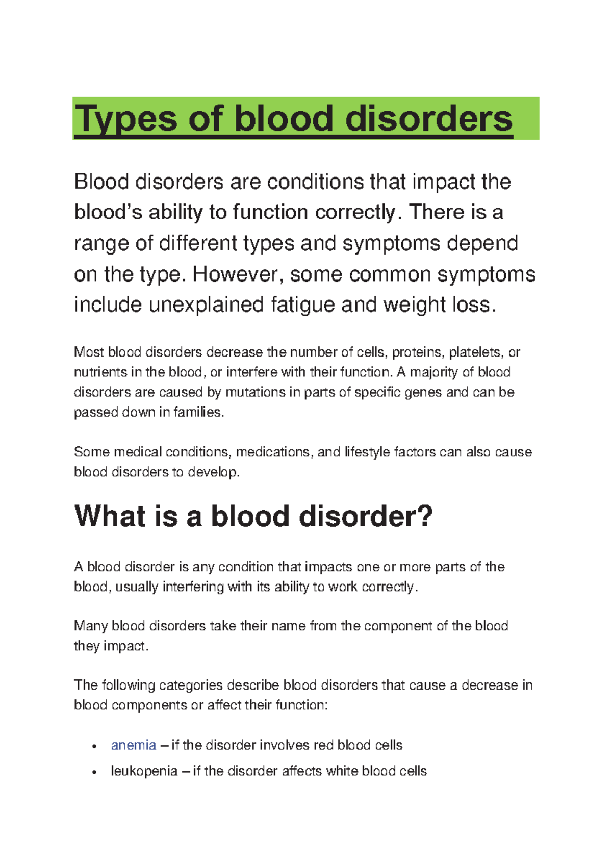 Understanding Blood Disorders: Types, Symptoms, and Treatments - Studocu