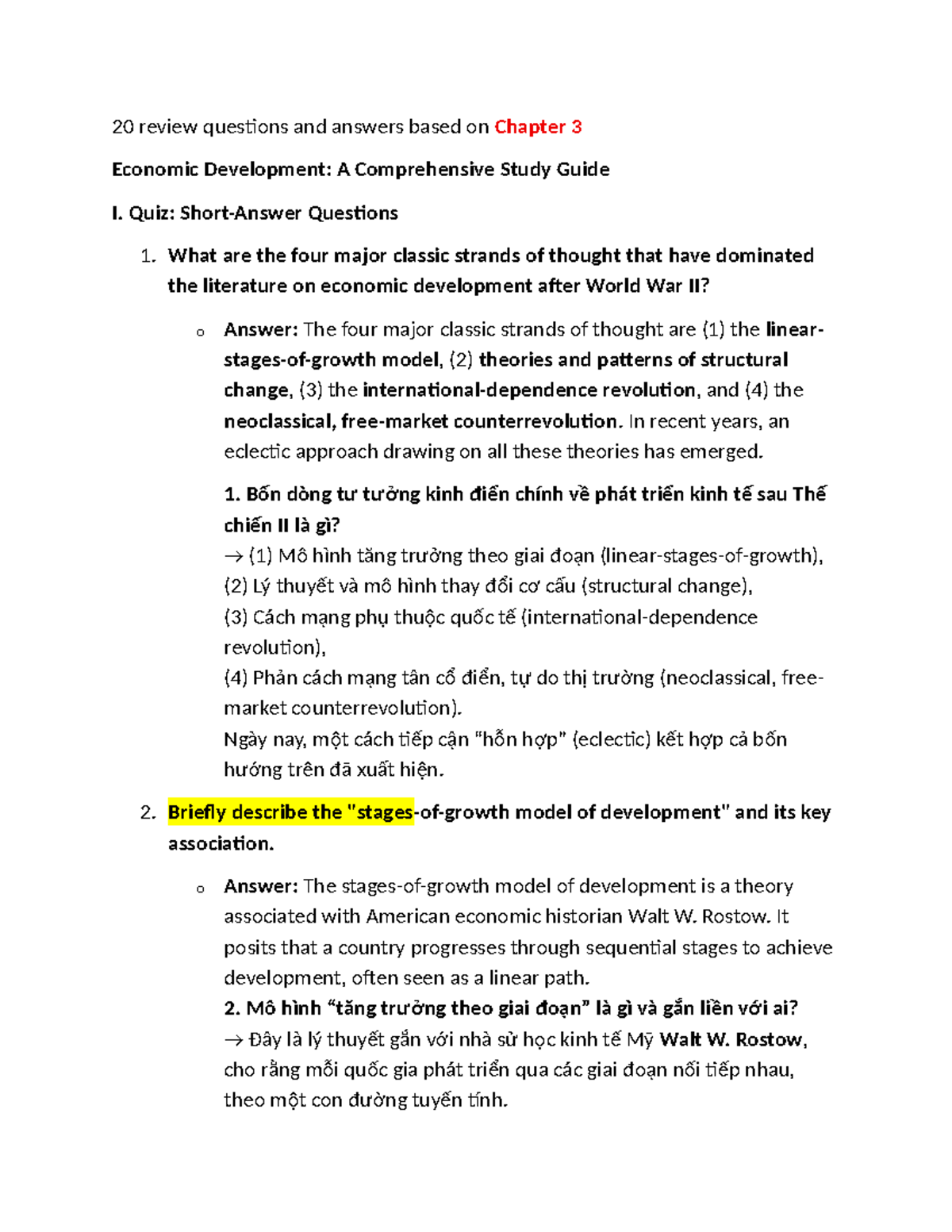 Chapter 3 Quiz: Key Questions & Answers on Economic Development - Studocu