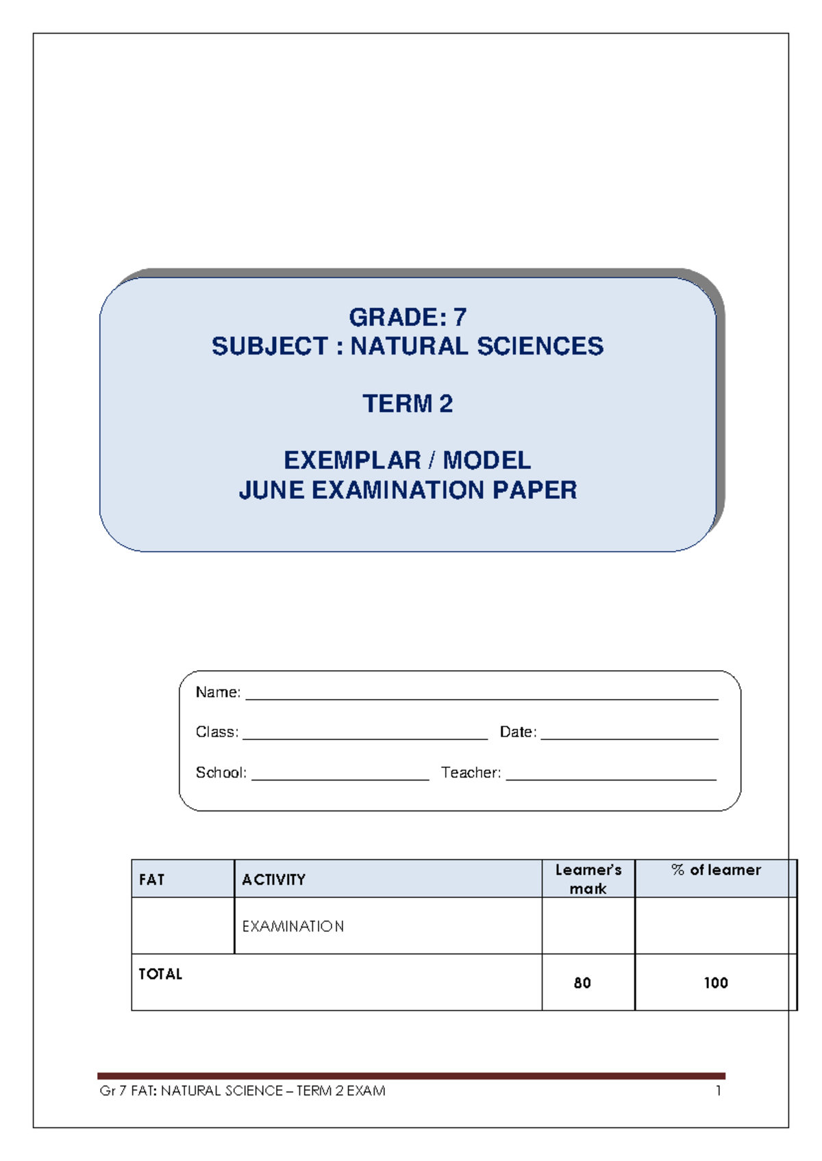 NS 7 Natural Sciences Term 2 Exemplar June Exam Paper - Studocu