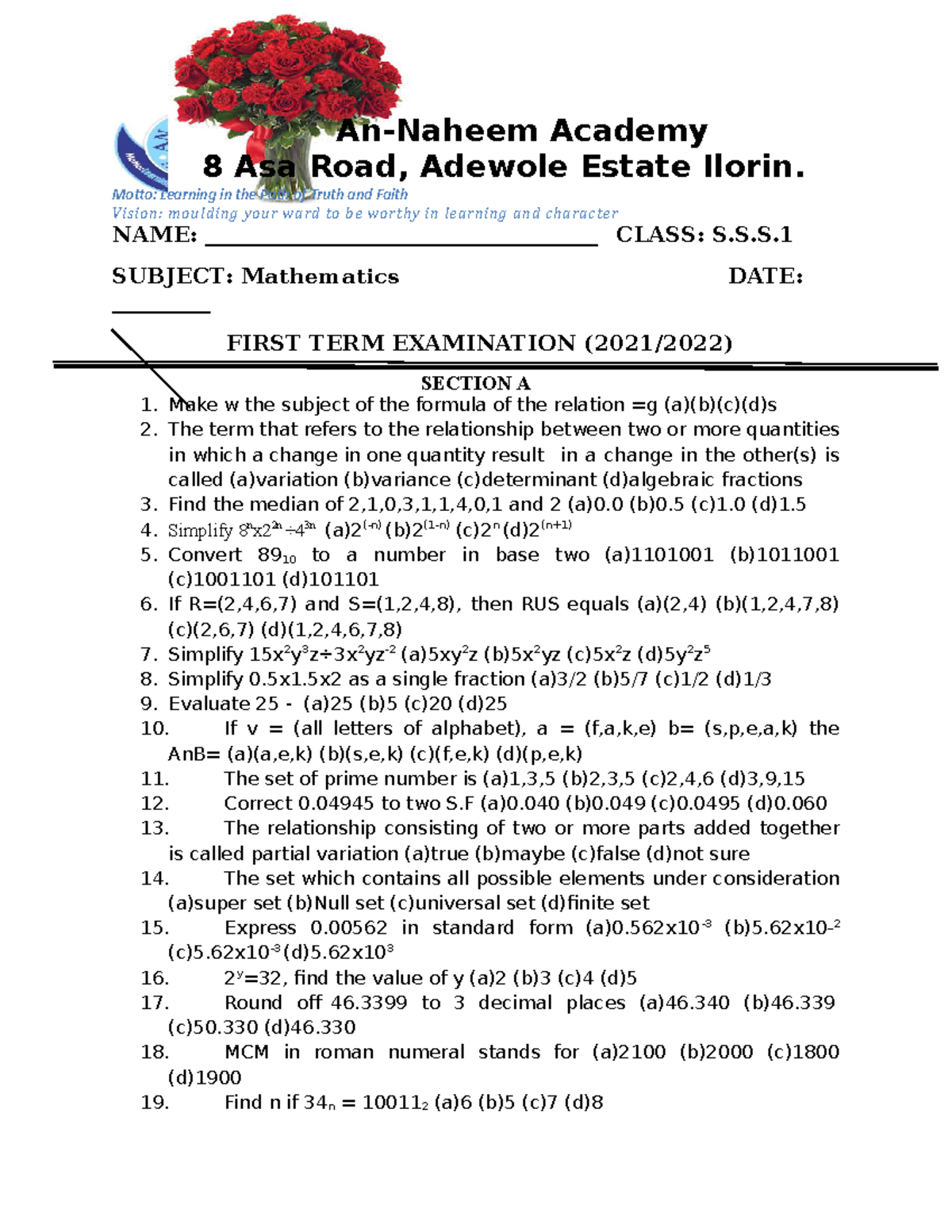 Maths SSS 1 - First Term Examination Practice Questions - Studocu