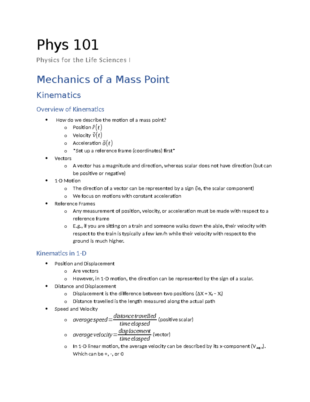 Phys 101 - lecture notes on mechanics and kinematics concepts - Studocu