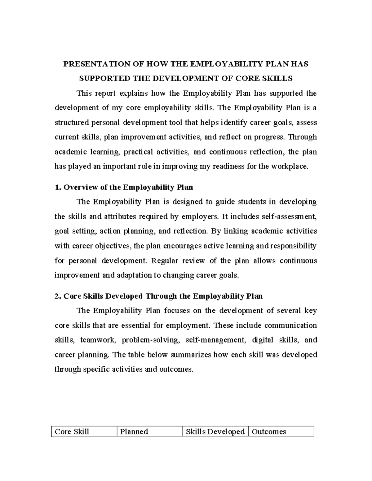 Employability Plan: Developing Core Skills for Career Success - Studocu
