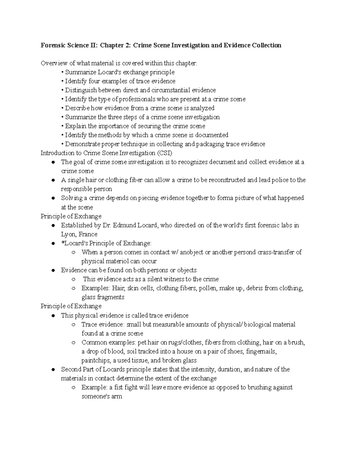 Forensic Science II Chapter 2 Crime Scene Investigation and Evidence ...