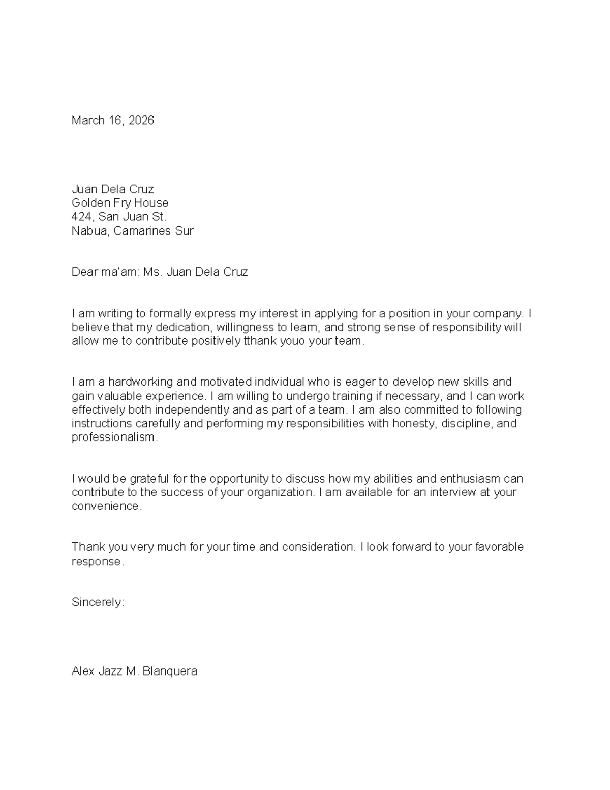 Application Letter for Position at Golden Fry House - Studocu