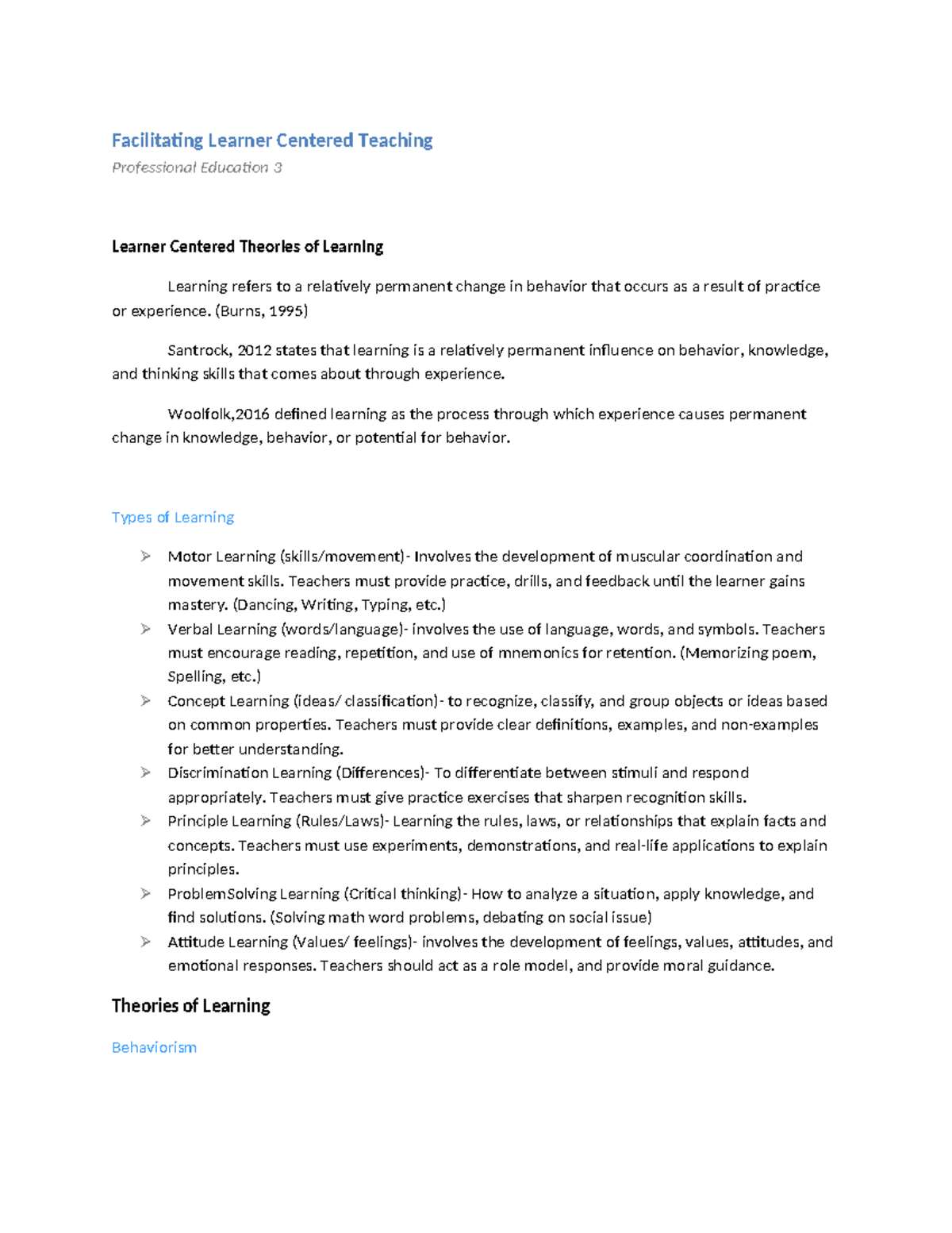 Professional Education 3: Theories and Practices of Learner-Centered Teaching - Studocu