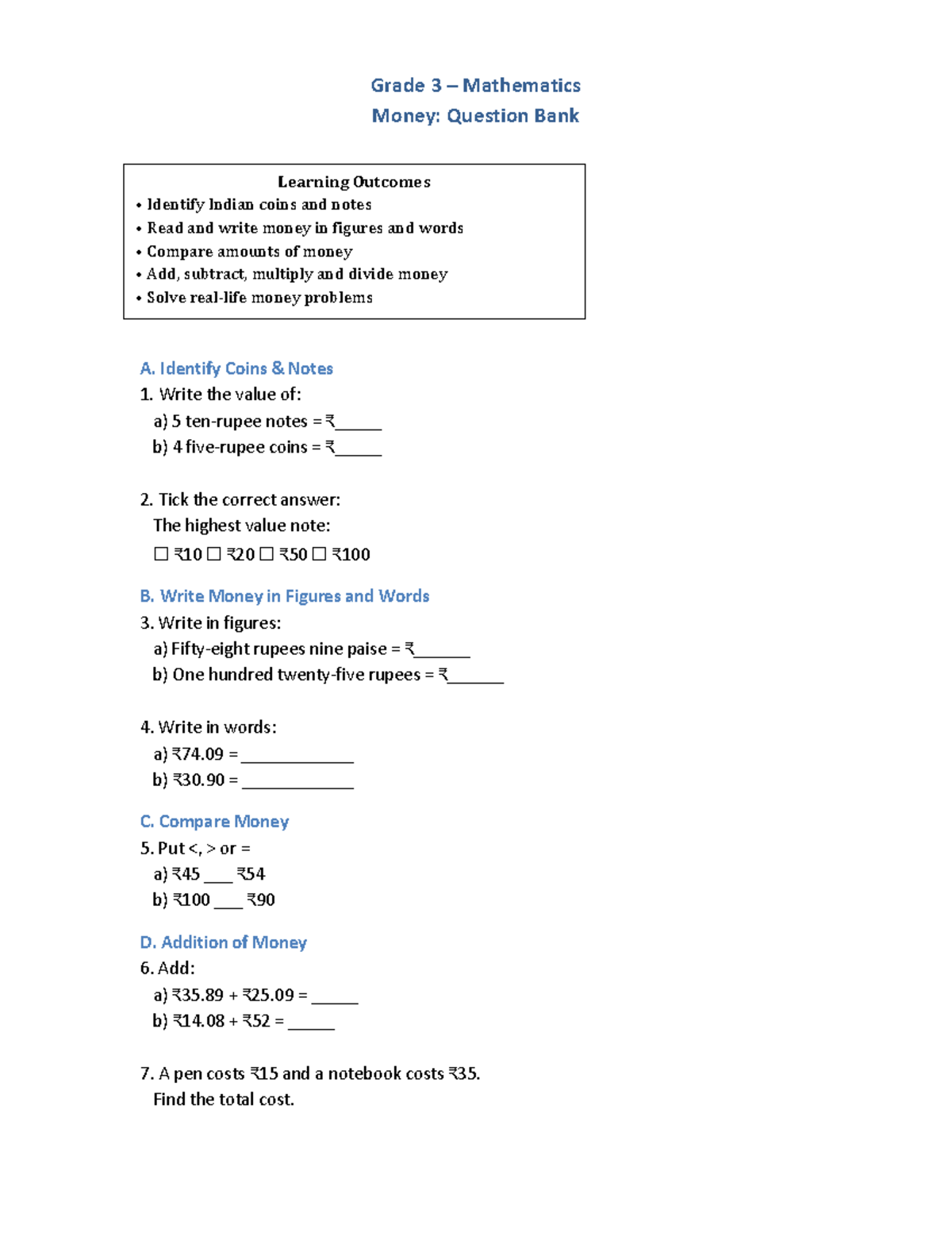 Grade 3 Mathematics: Money Question Bank & Learning Outcomes - Studocu