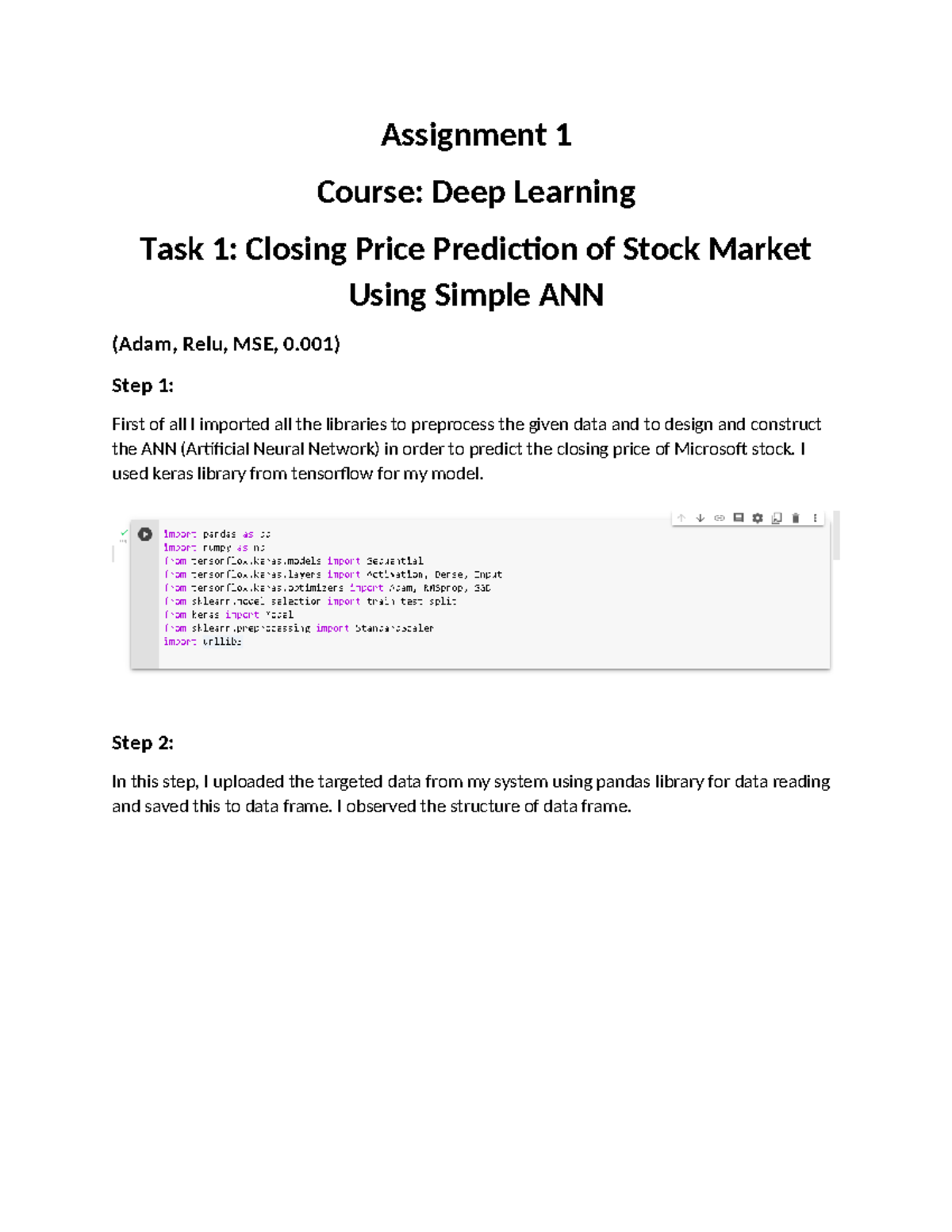 Deep Learning Assignment 1: Stock Price Prediction Using ANN - Studocu