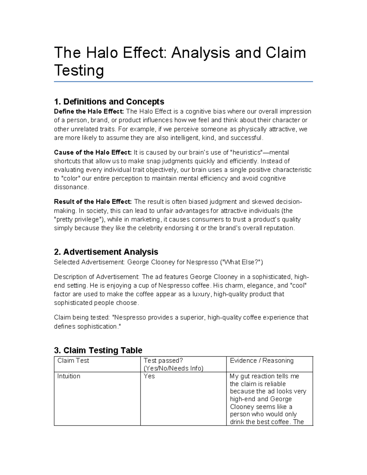 The Halo Effect: Analysis & Claim Testing Worksheet - Studocu