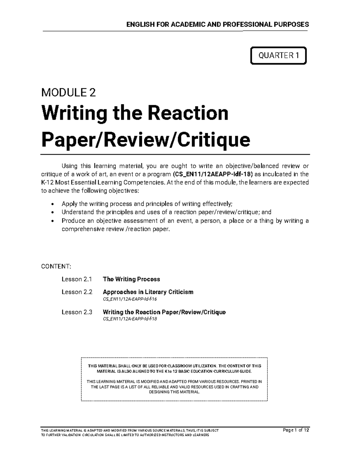 CS_EN11/12A-EAPP-Idf-18: Writing Reaction Papers, Reviews, and ...