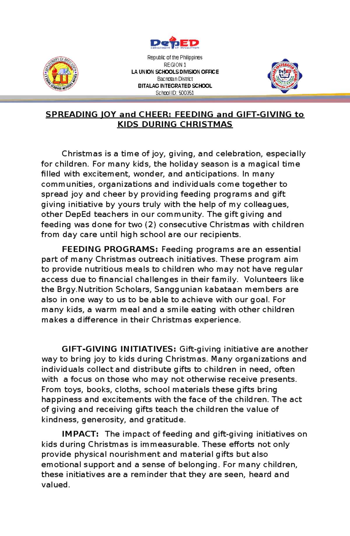 BITALAG INTEGRATED SCHOOL: Christmas Feeding & Gift Giving Initiatives ...
