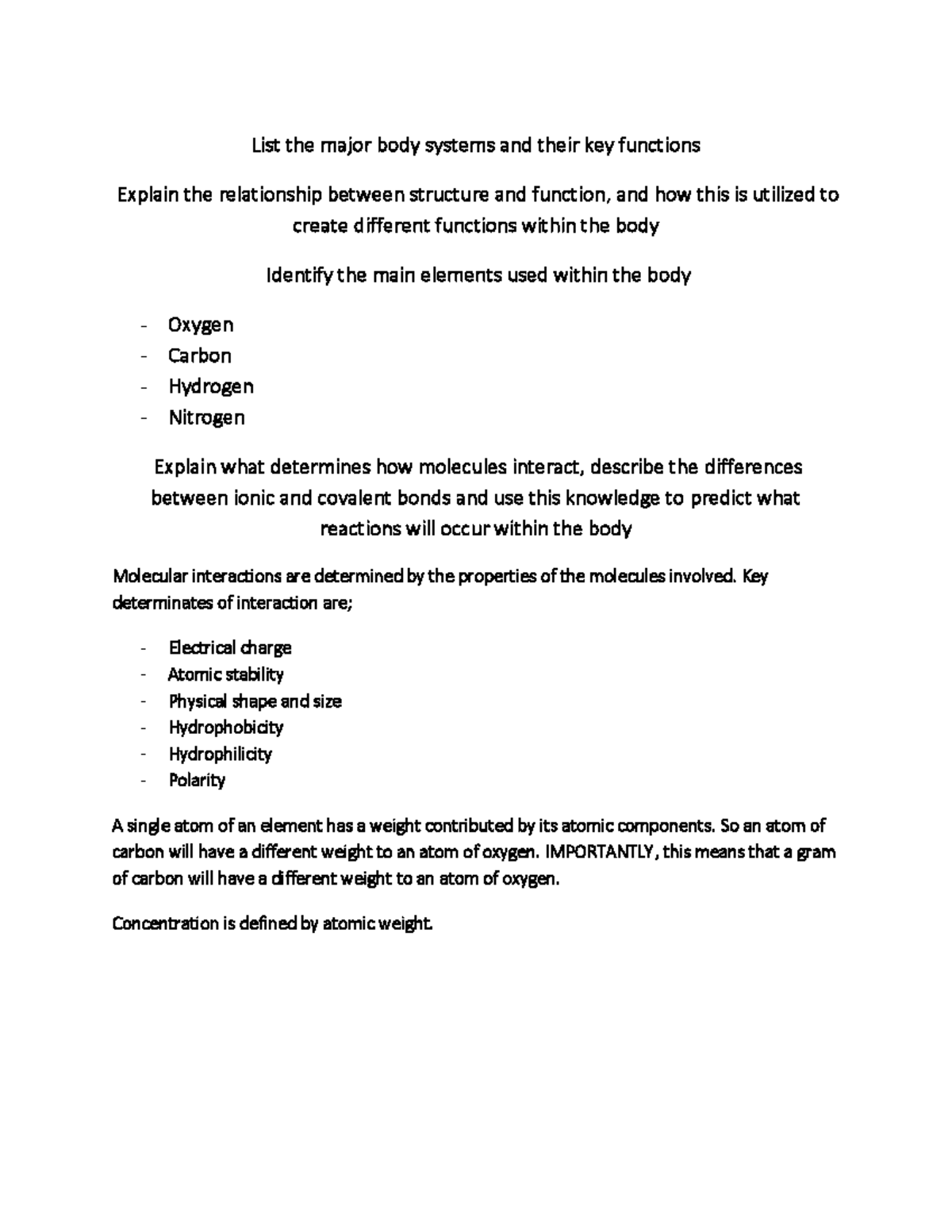 Biology 101: Body Systems and Molecular Interactions - Studocu