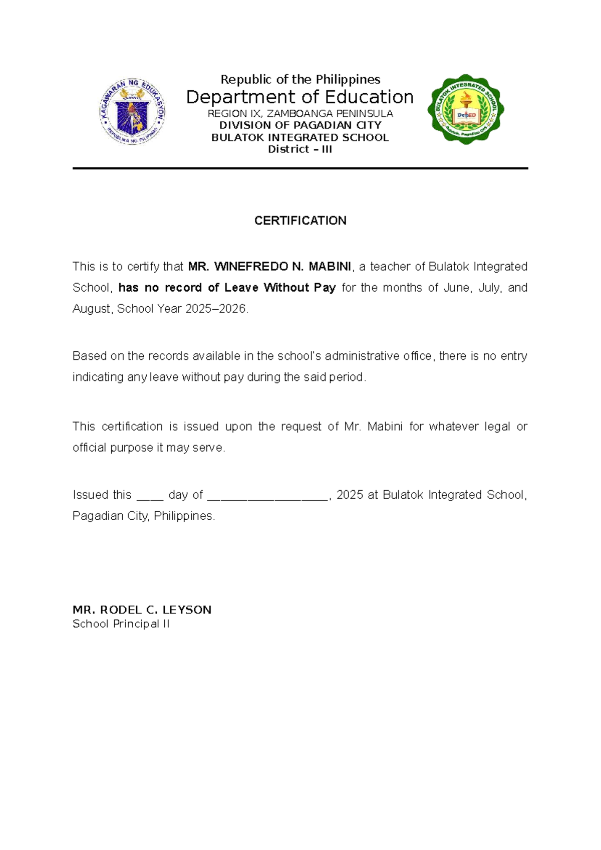 Certification of No Leave Without Pay for Mr. Mabini - Studocu