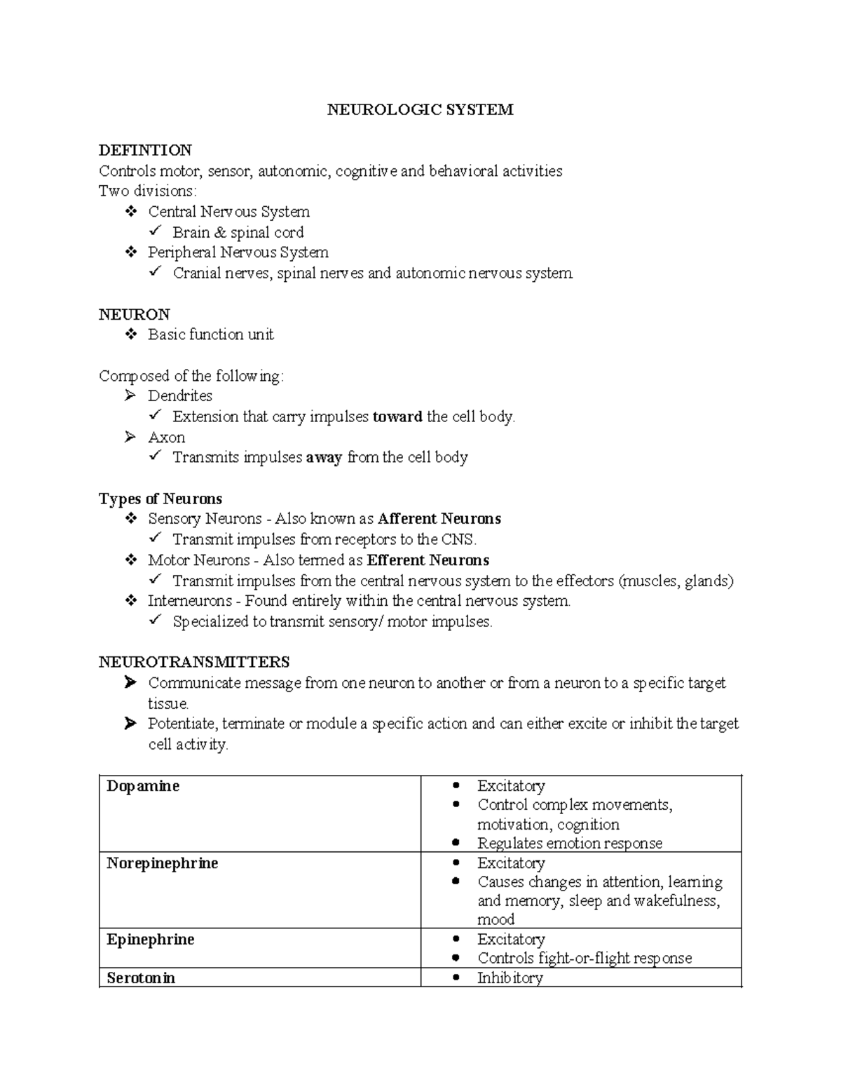 Neuro - NOTES FOR LEC - NEUROLOGIC SYSTEM DEFINTION Controls motor ...