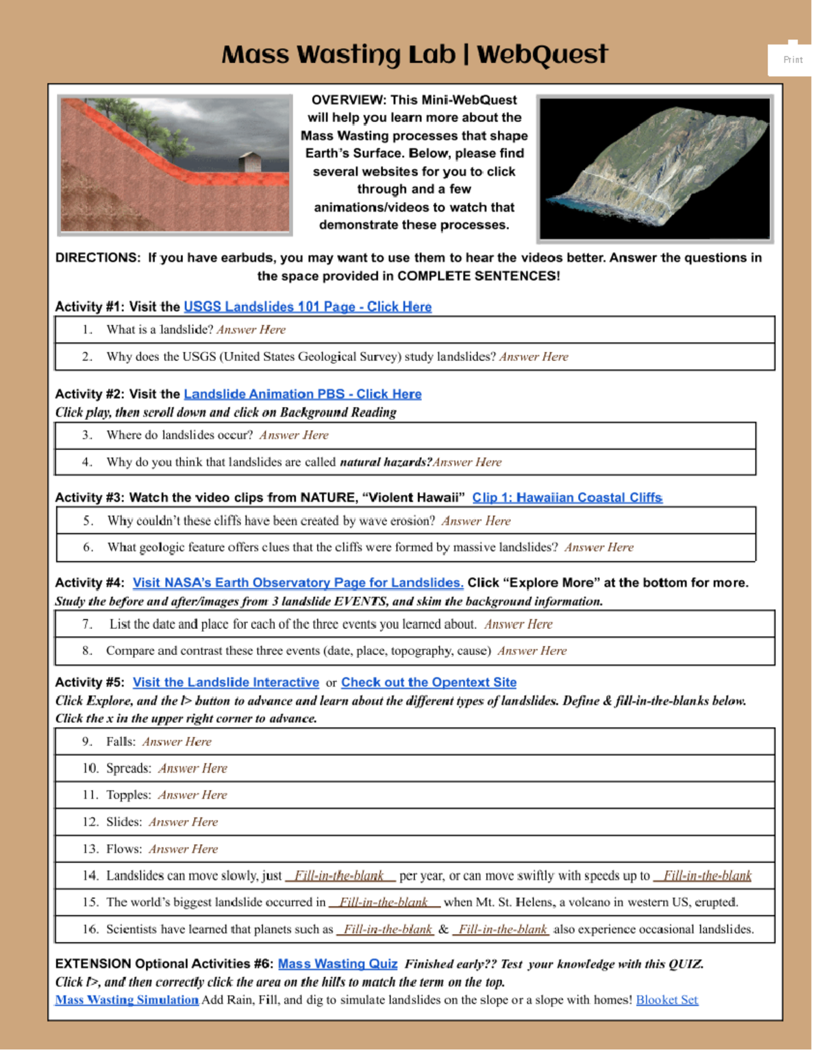 Mass+Wasting+Web Quest - Mass Wasting Lab I WebQuest Print OVERVIEW ...