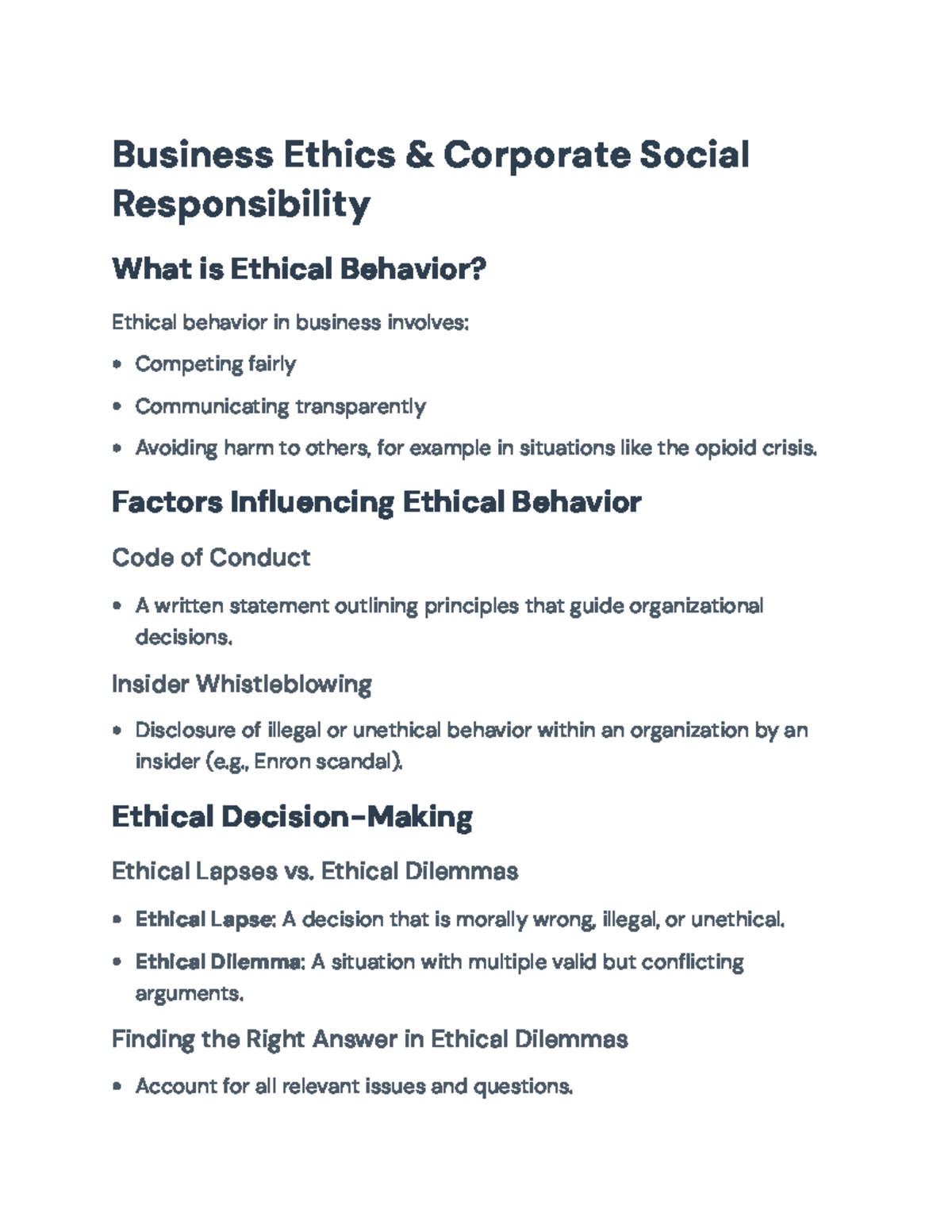 Business Ethics & CSR: Key Concepts and Ethical Behavior Insights - Studocu