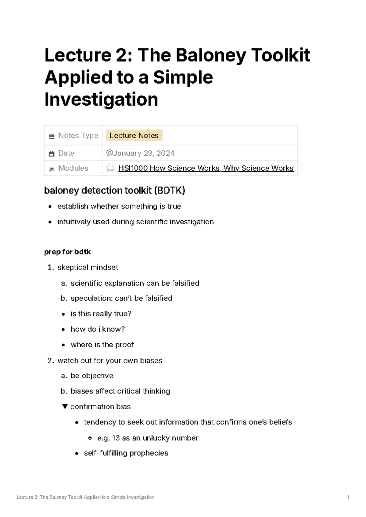 HSI1000 Lecture 2: Applying the Baloney Toolkit in Investigations - Studocu
