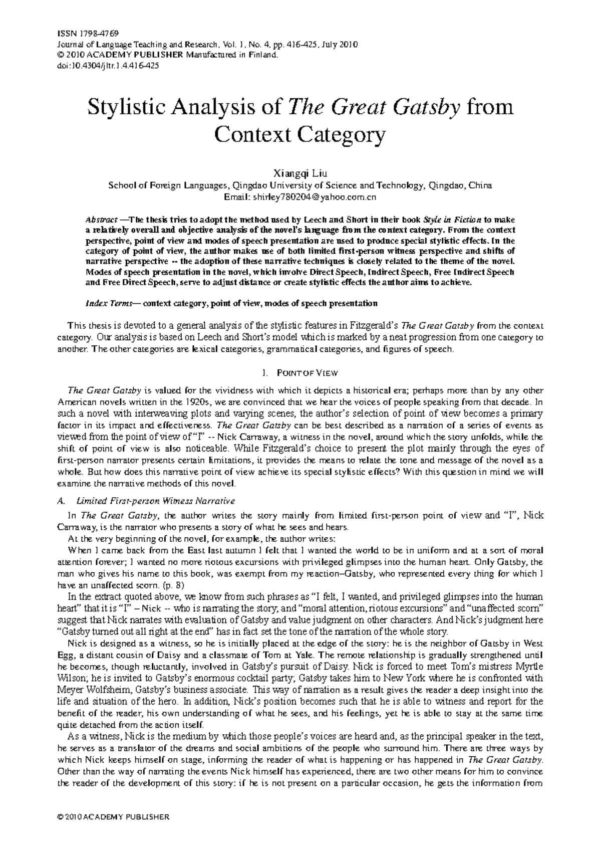 Stylistic Analysis of "The Great Gatsby": Contextual Perspectives (ENG ...