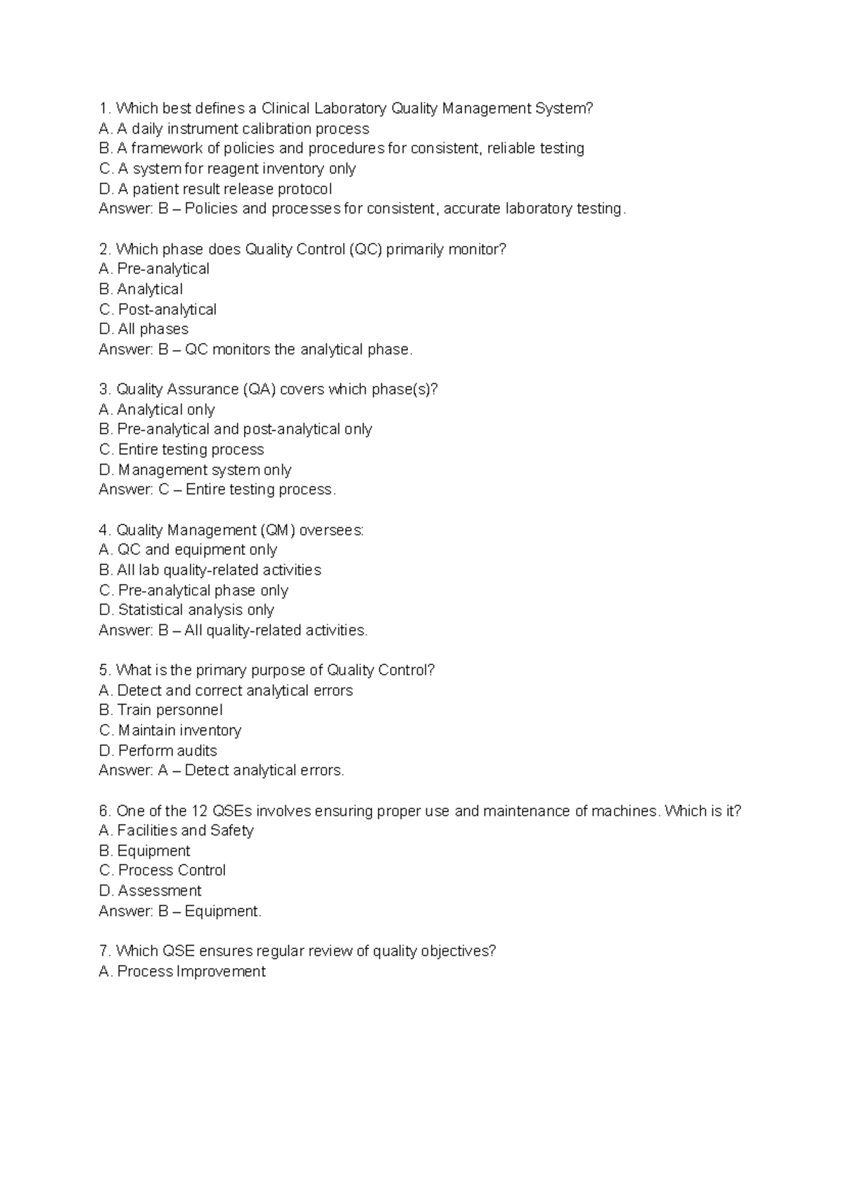 CC Practice MCQ: Clinical Laboratory Quality Management System - Studocu