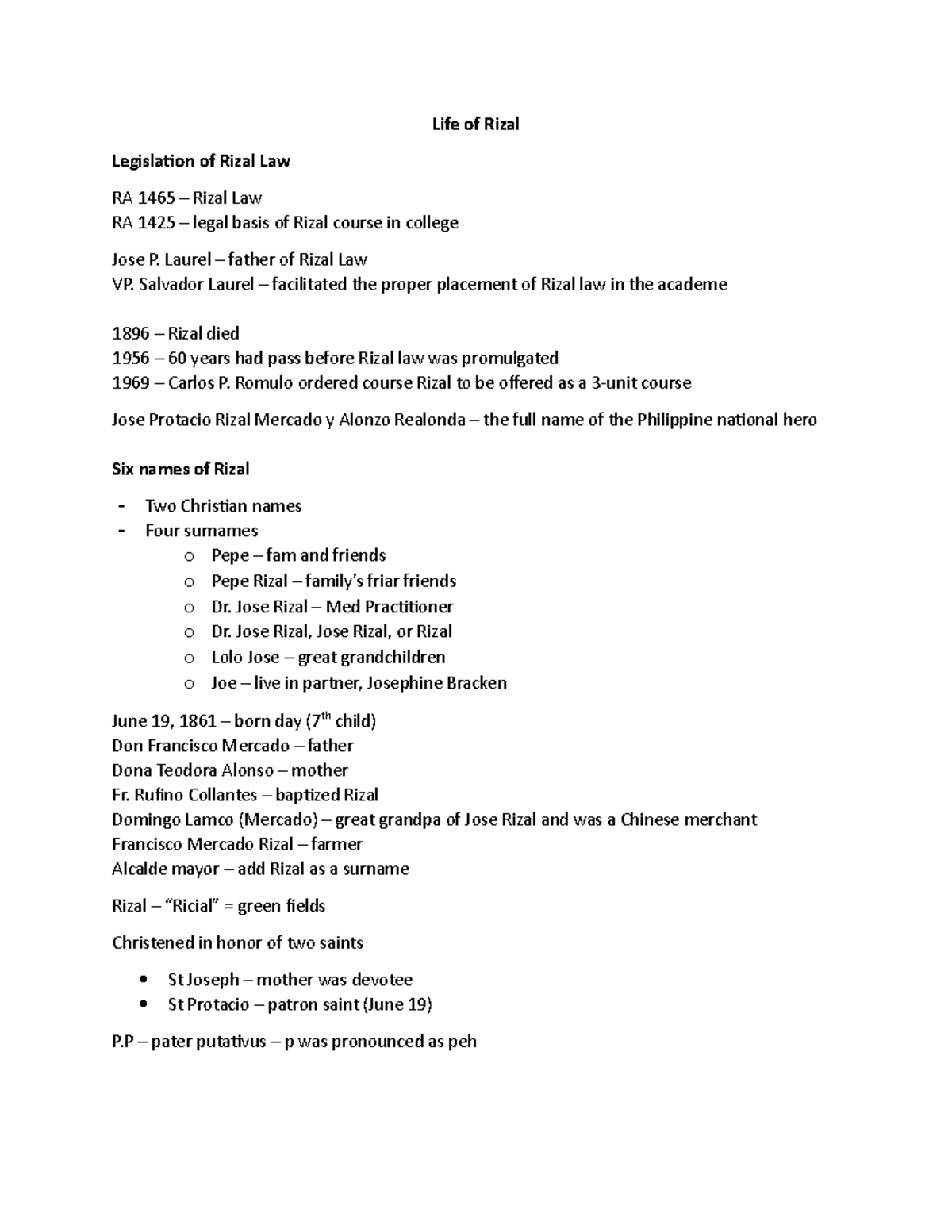 Rizal Law Overview & Life Events: RA 1465 & RA 1425 Insights - Studocu