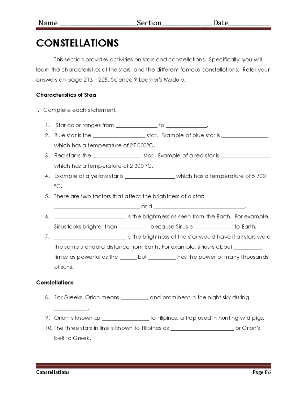 Constellations Workbook for Science 9 - Activities and Learning - Studocu