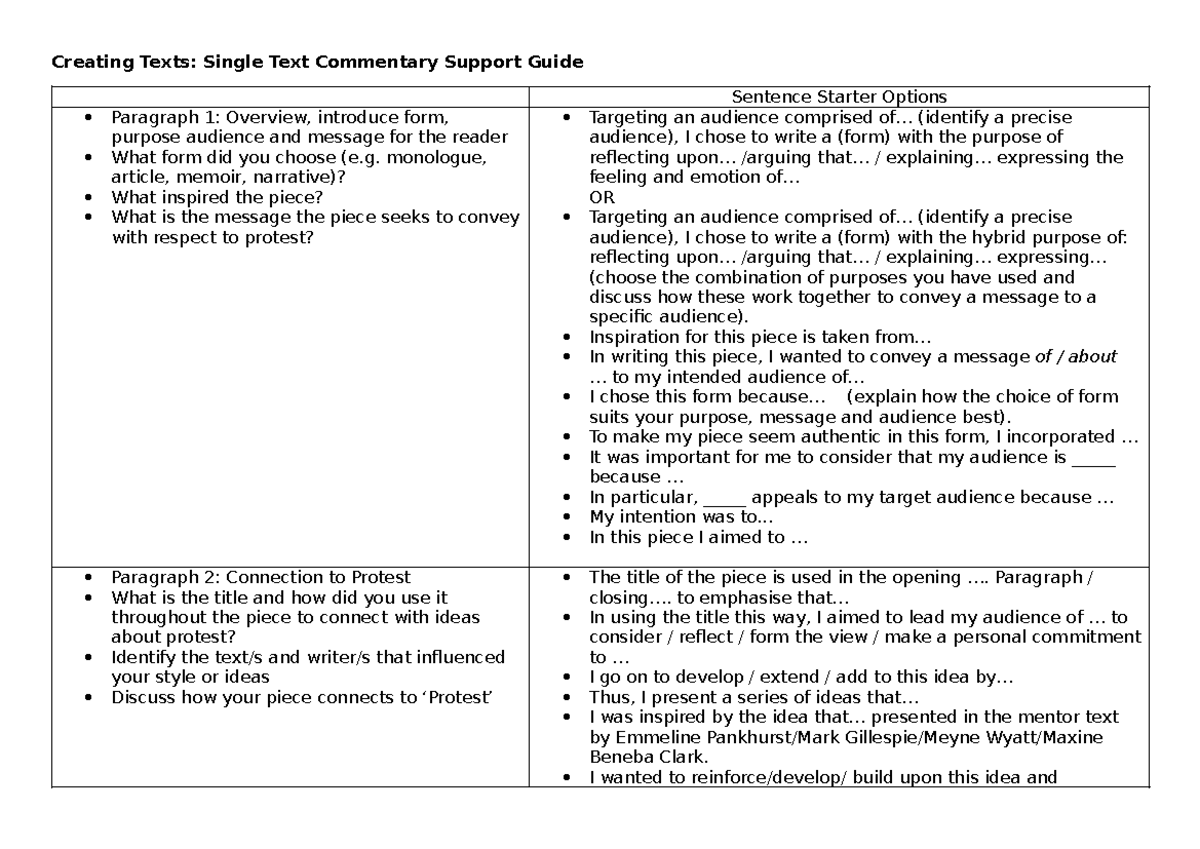 Creating Texts: Commentary Support Guide for Protest Analysis - Studocu