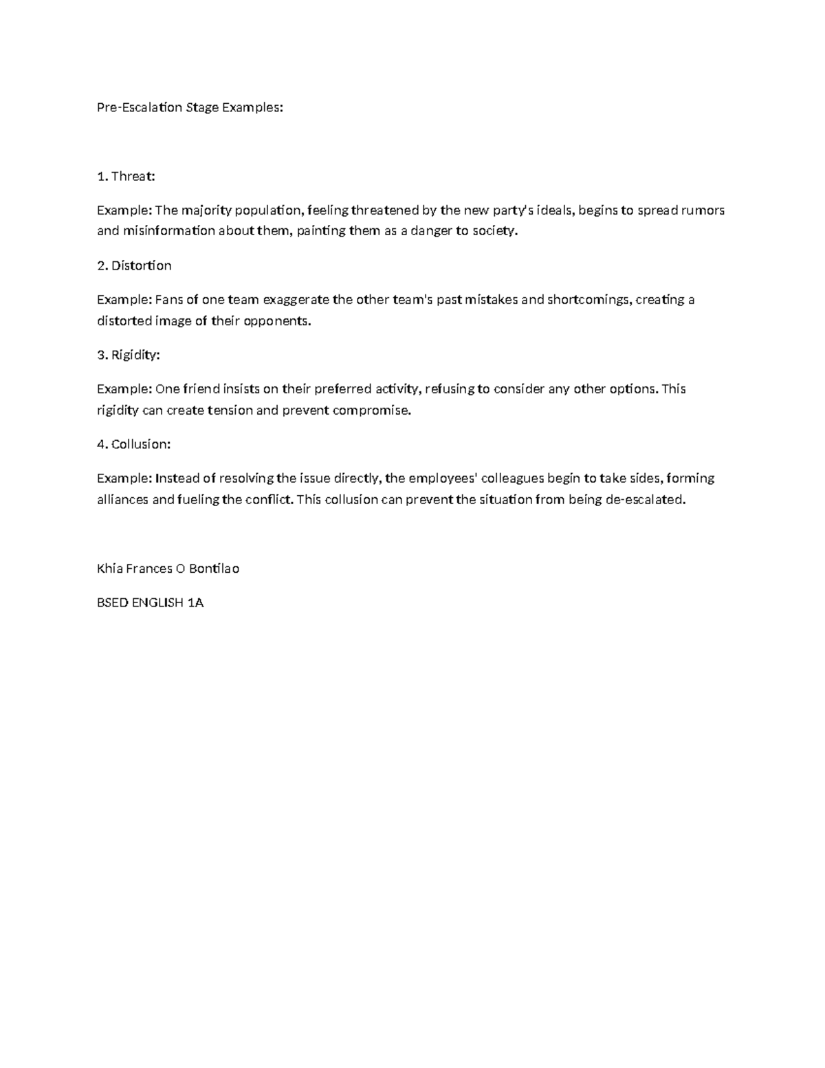 BSED ENGLISH 1A: Pre-Escalation Stage Examples and Insights - Studocu