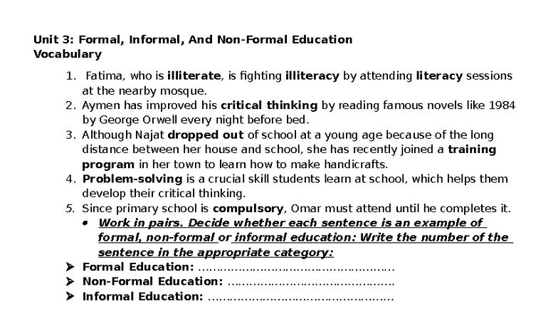 FIN Education Vocabulary: Formal vs Informal Learning Insights - Studocu