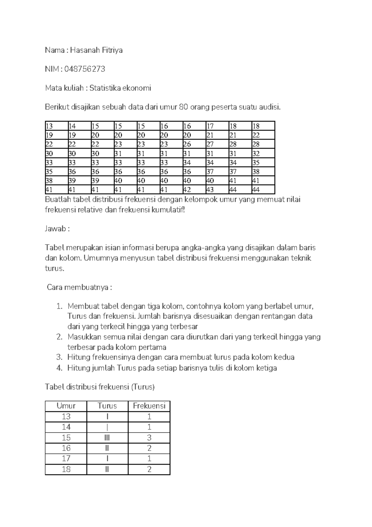 Tabel Distribusi Frekuensi Umur - Statistika Ekonomi (ESP4123) - Studocu