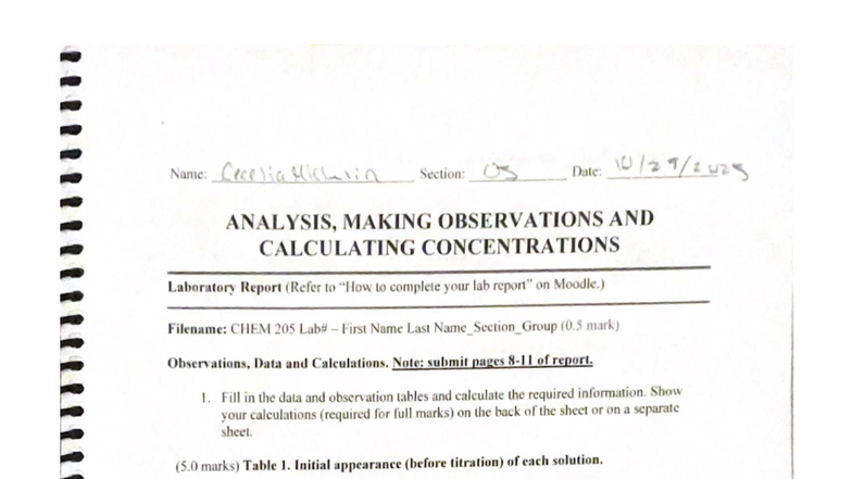 CHEM 205 LAB #3: Analysis, Observations & Concentration Calculations ...