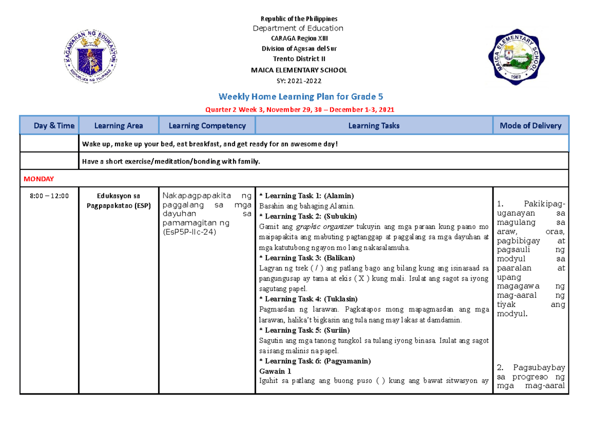 Grade 5 ALL Subjects WHLP Q2 W3 - Weekly Home Learning Plan for Grade 5 ...