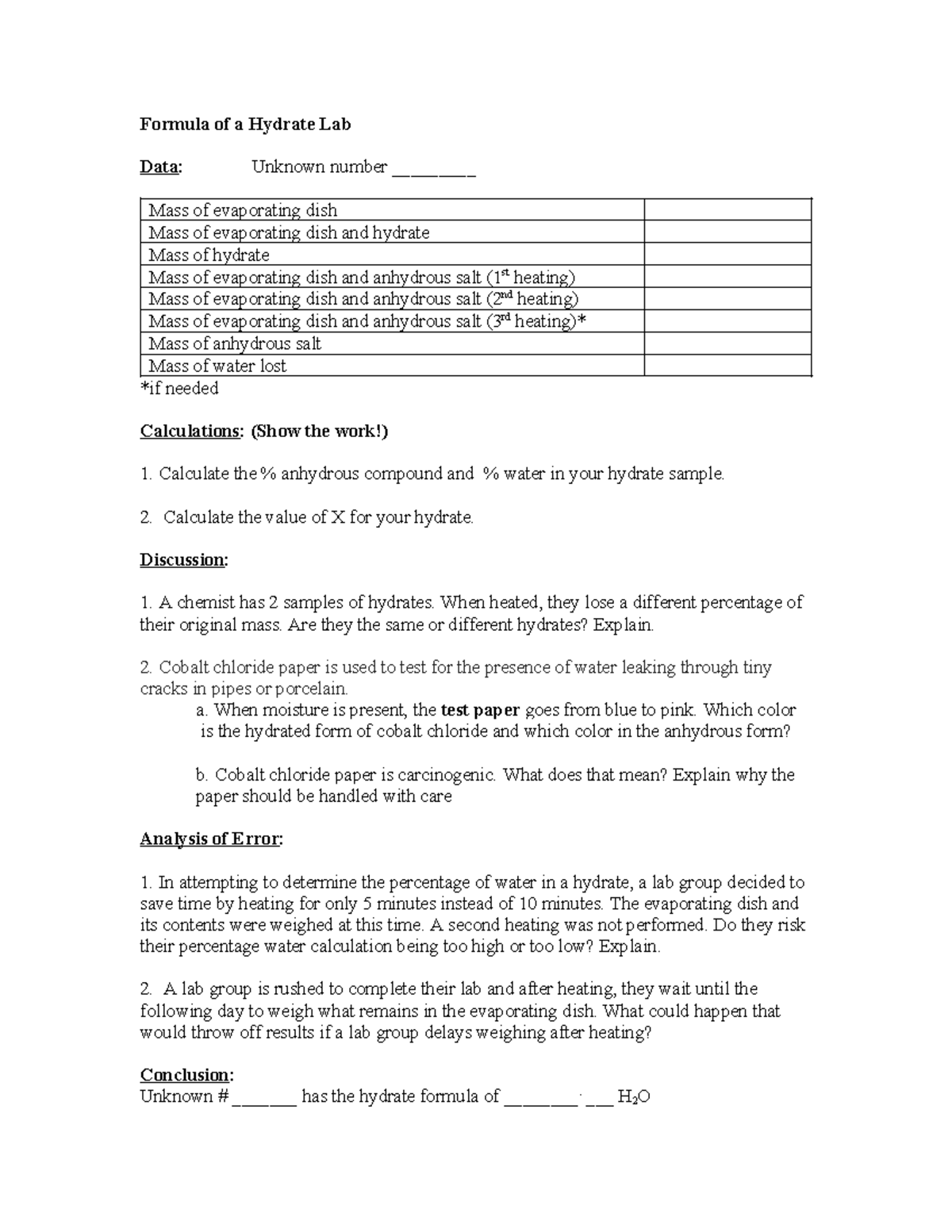 Hydrate lab data analysis and calculations for CHEM 2025 - Studocu