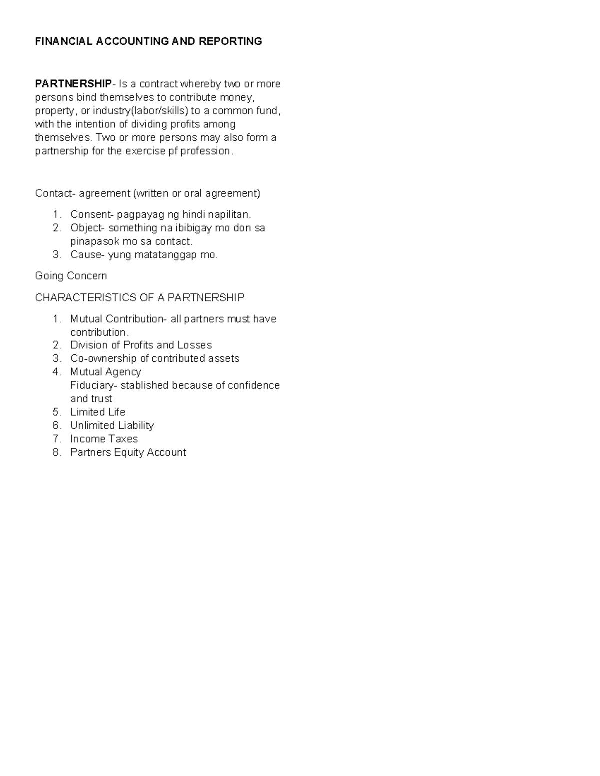 FIN 101: Partnership Characteristics and Going Concern Principles - Studocu