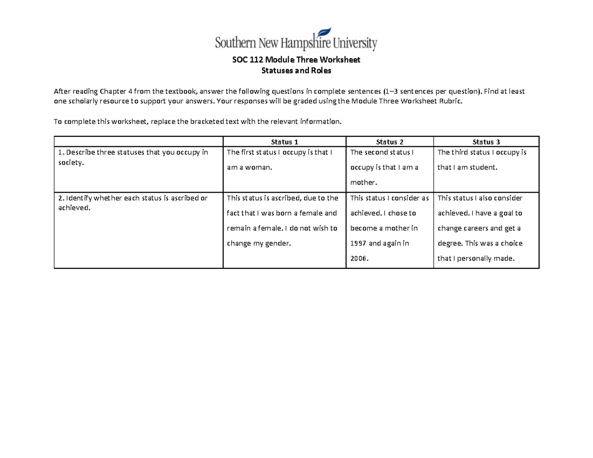 SOC 112 Module Three Worksheet: Statuses and Roles Analysis - Studocu