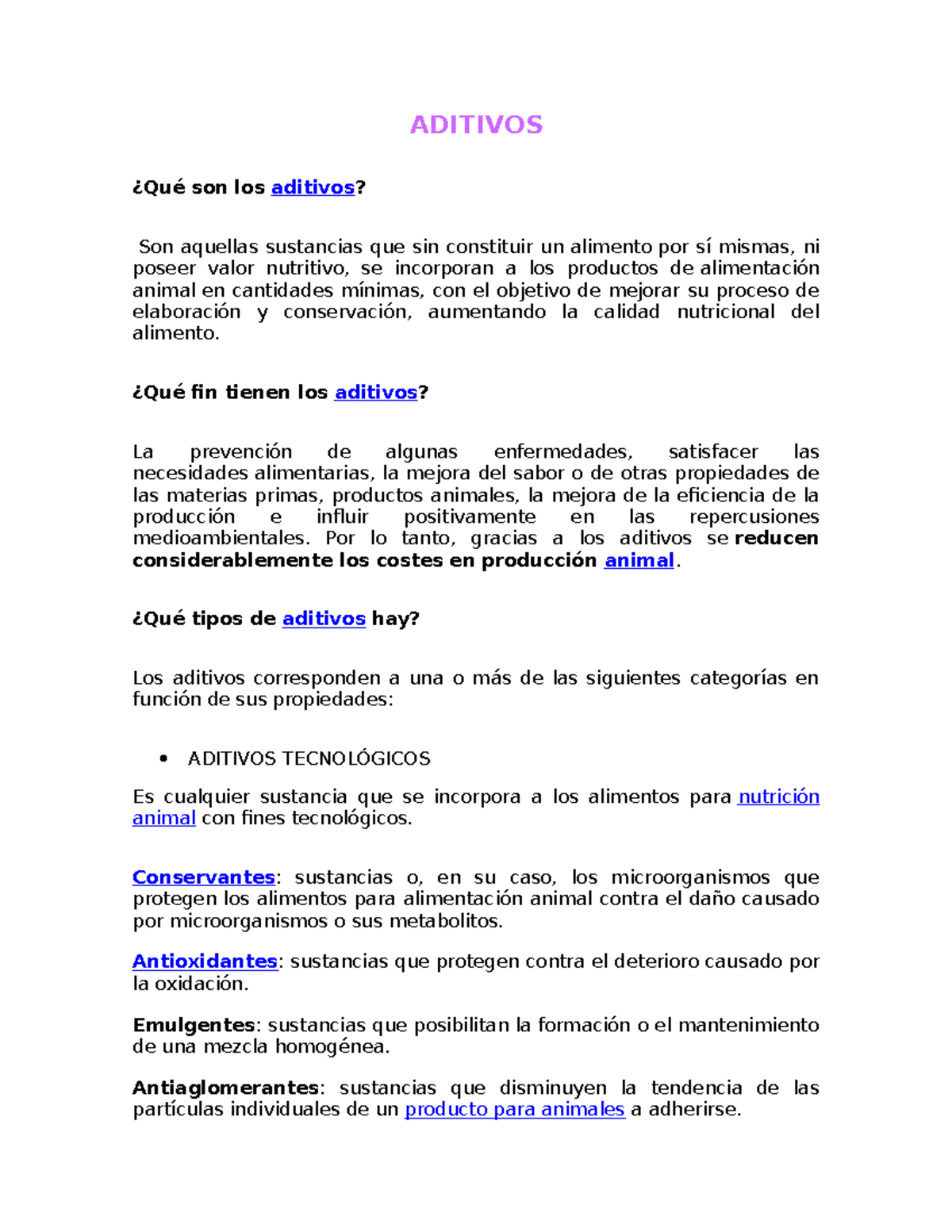 Aditivos en Alimentación Animal: Tipos y Funciones Esenciales - Studocu