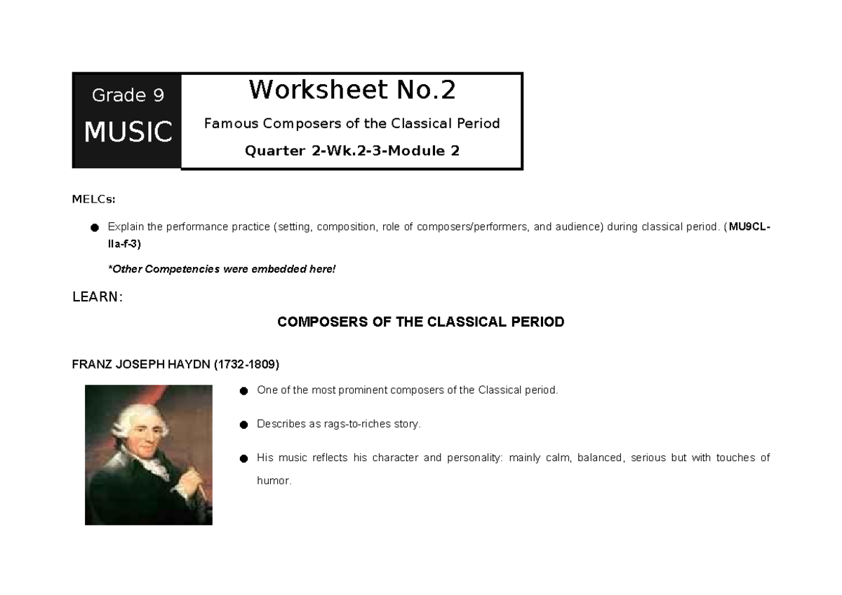 495328106 Music WEEK 2 Classical Composers Lesson Notes - Studocu