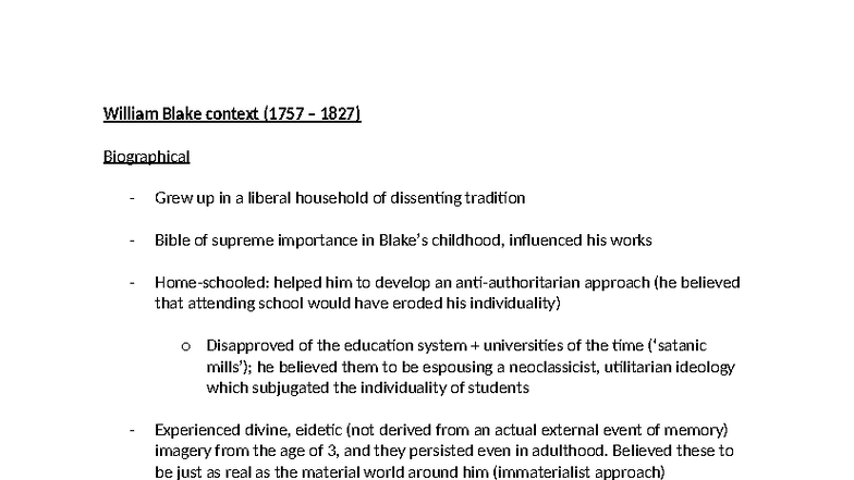 William Blake Context: Biographical Insights and Influences (TES) - Studocu