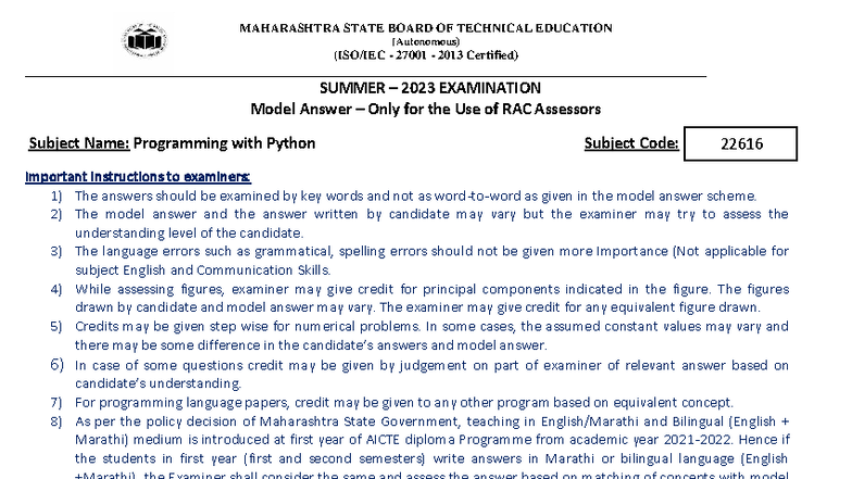 22616-PWP-SU-2023 - Model Answers for Python Programming Exam - Studocu