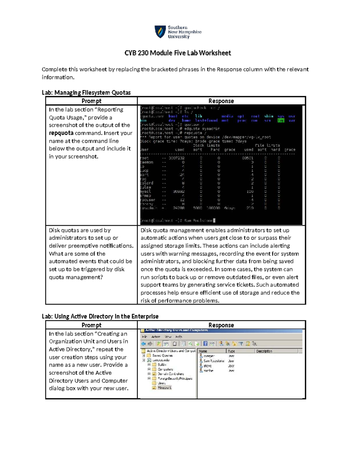 CYB 230 Module 5 Lab Worksheet: Filesystem Quotas & Active Directory ...