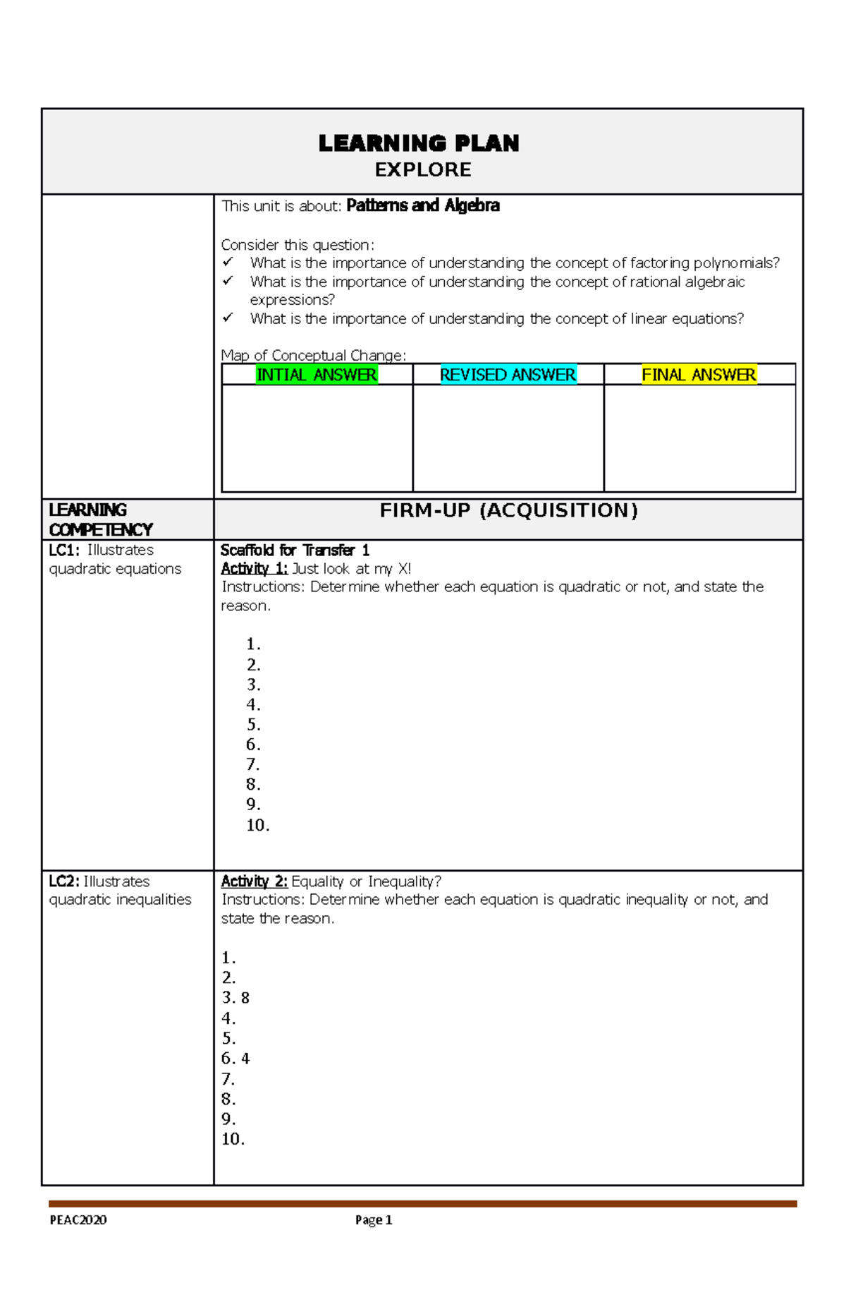Math 9 Learning Plan: Patterns & Algebra - 1st Quarter Overview - Studocu