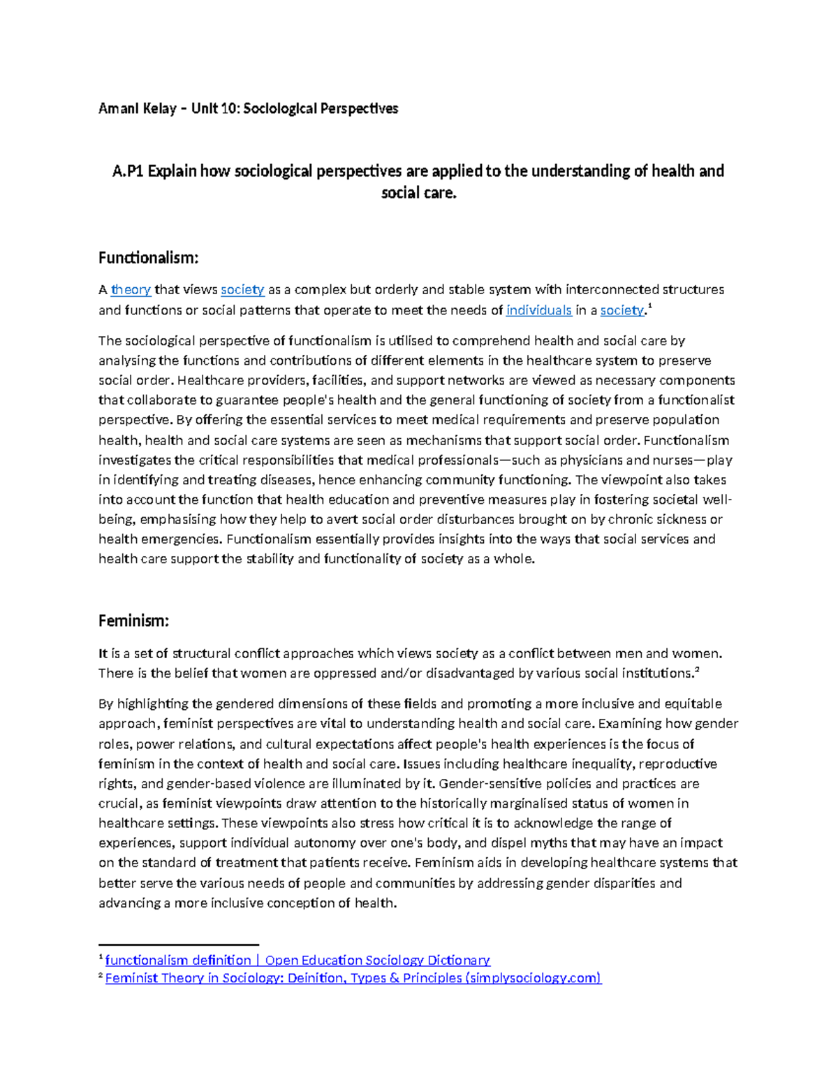 Unit 10: Sociological Perspectives on Health & Social Care Analysis ...
