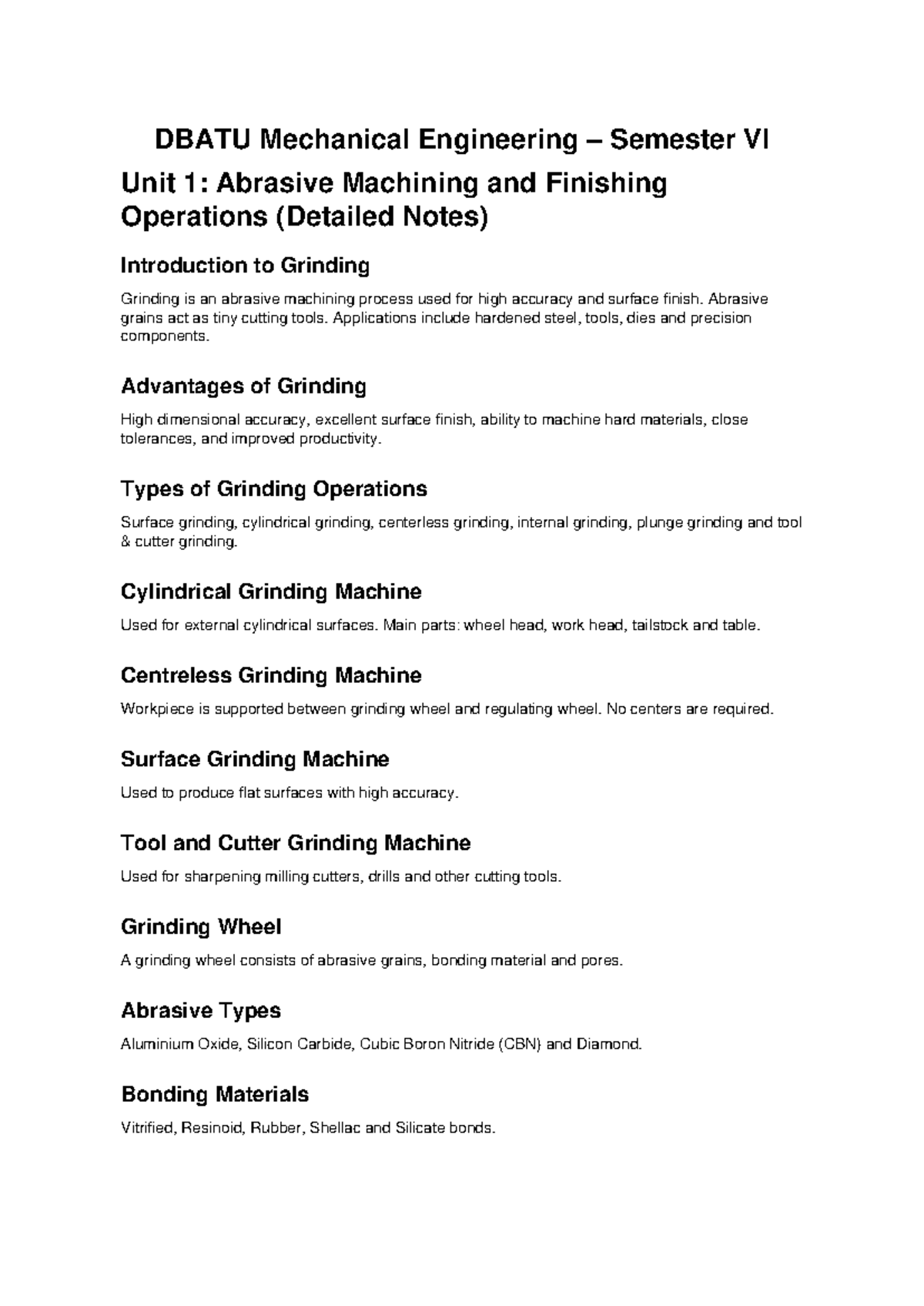DBATU ME Semester VI Unit 1: Grinding & Abrasive Machining Notes - Studocu