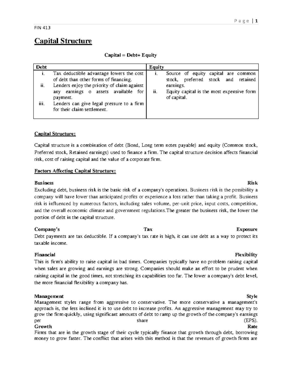 Capital Structure Overview - FIN 413 Lecture Notes - Studocu